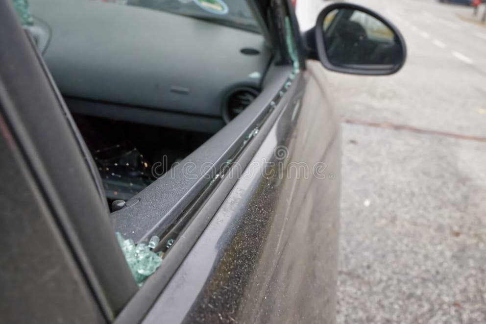Car with Broken Side Window and Shattered Glass Stock Photo - Image of ...