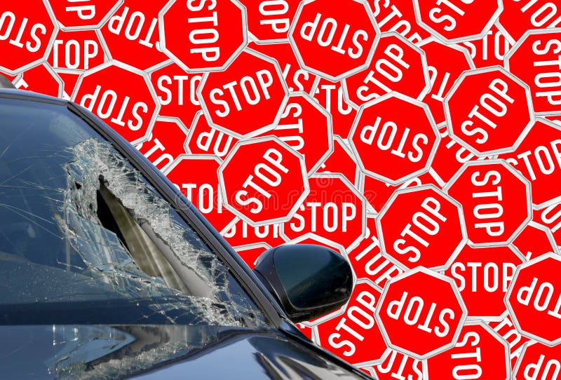 Car with Broken Windshield on Background of Stop Signs Stock Photo ...