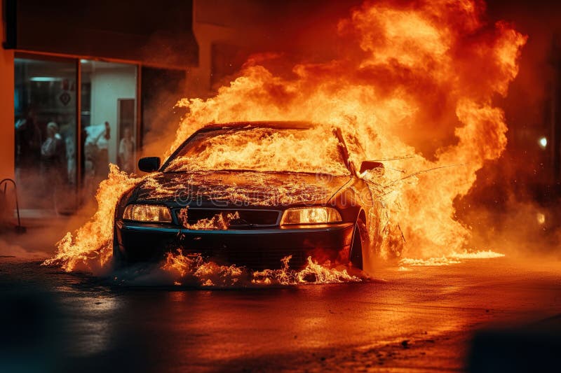 Car Burning in the Evening on a City Street Stock Illustration ...