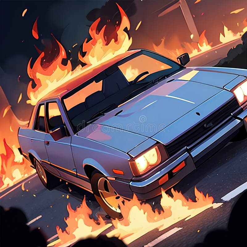 Car Burning, on Fire, Big Problems for Insurance, Cute Simple Anime ...