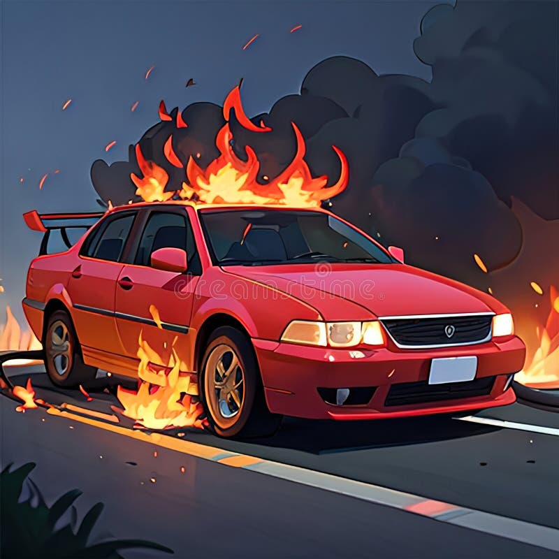 Car Burning, on Fire, Big Problems for Insurance, Cute Simple Anime ...