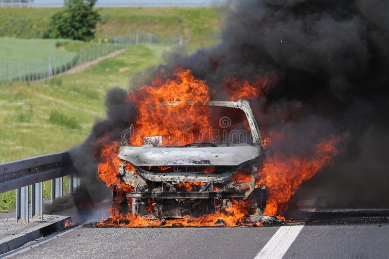 Burning Car on the Highway Road Stock Image - Image of crash, accident ...