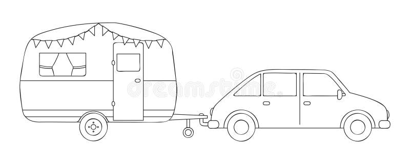 Car with Caravan Camping Design Outline Isolated Stock Vector ...