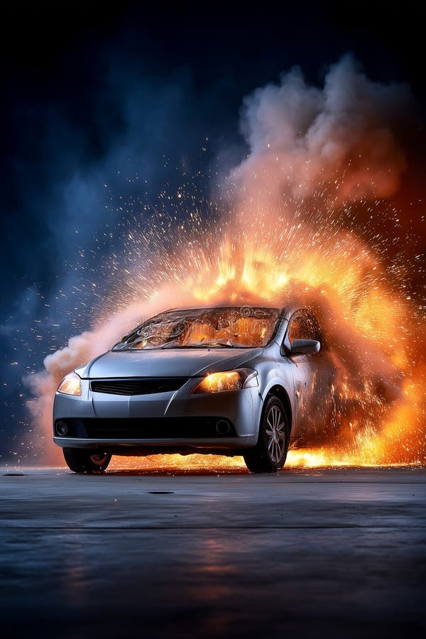 Car Caught in Dramatic Explosion with Bright Flames and Thick Smoke ...