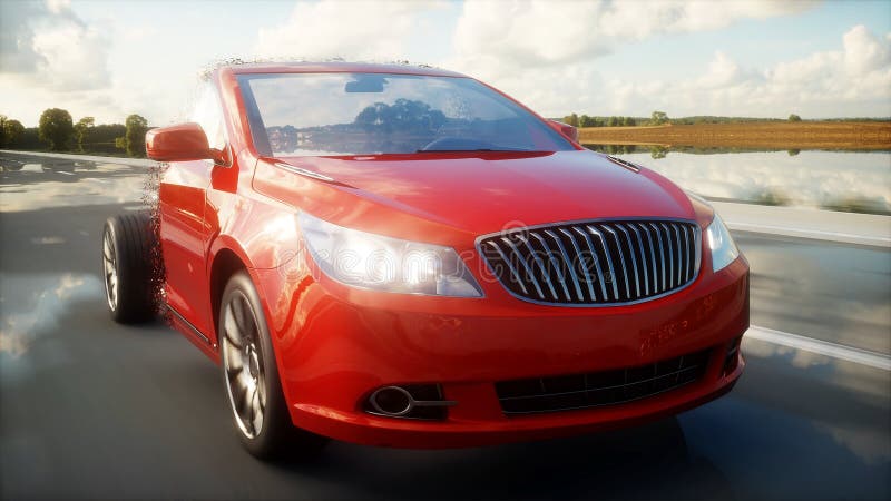 Red Car Chassis with Engine on Highway. Transition with Particles. Very ...