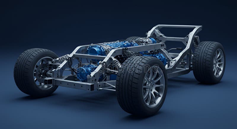 Car Chassis with Engine and Wheels on a Modern Blue Background Stock ...