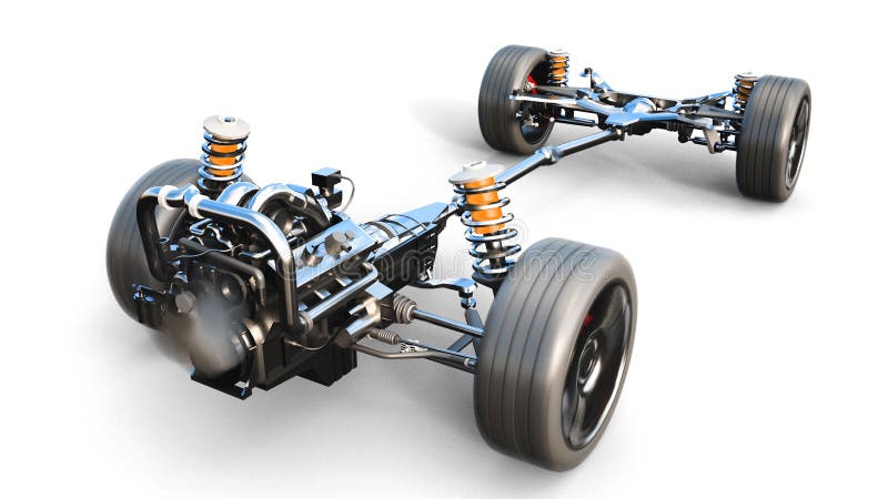 Car Chassis with Engine on White Isolate. 3d Rendering. Stock ...