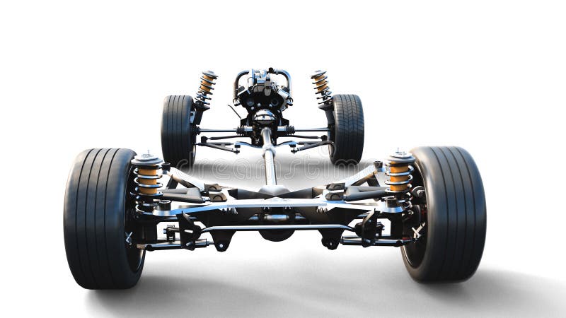 Car Chassis with Engine on White Isolate. 3d Rendering. Stock ...