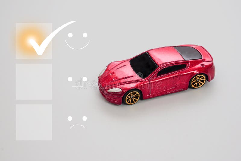 Car Checklist with Satisfaction Page Icon and Red Car Model. Driving ...