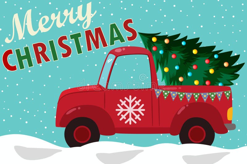 Red Vintage Pickup Truck with Decorated Christmas Tree. Greeting Card ...