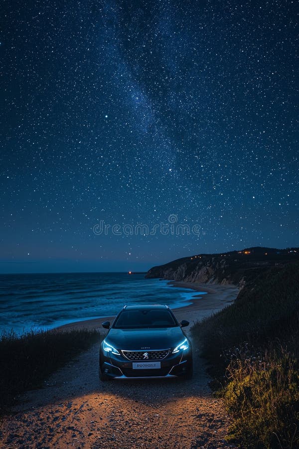 Car on Coastal Road Under Starry Night Sky Stock Photo - Image of ...