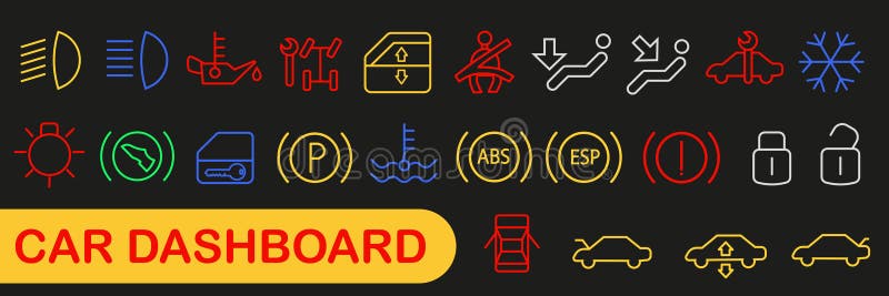 Car Control Panel Interface. Colored Car Dashboard Icons Stock Vector ...