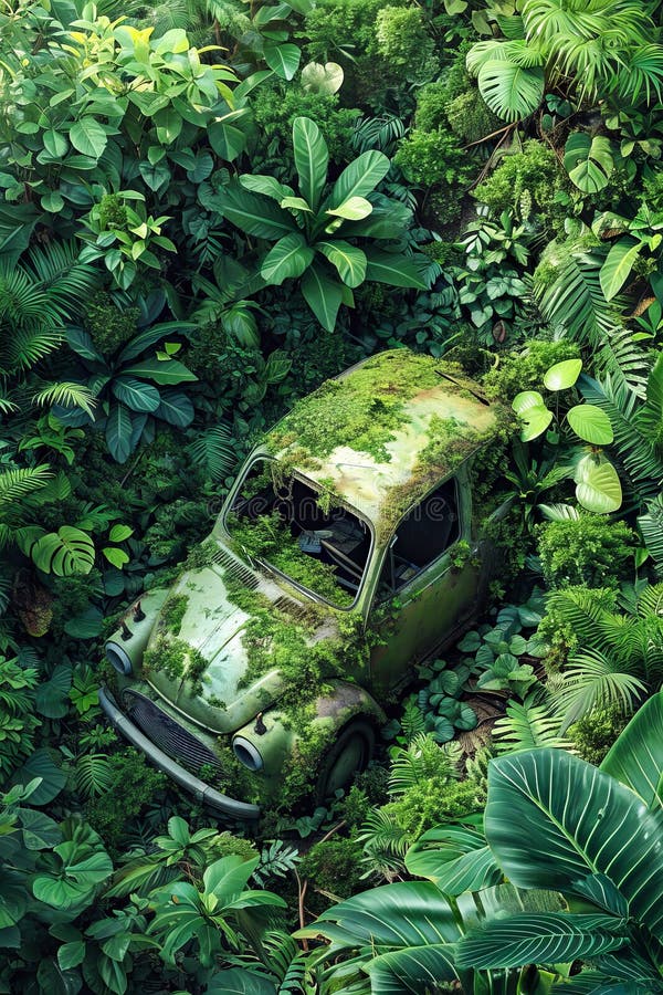 Car Covered in Green Moss and Surrounded by Ferns and Other Greenery ...