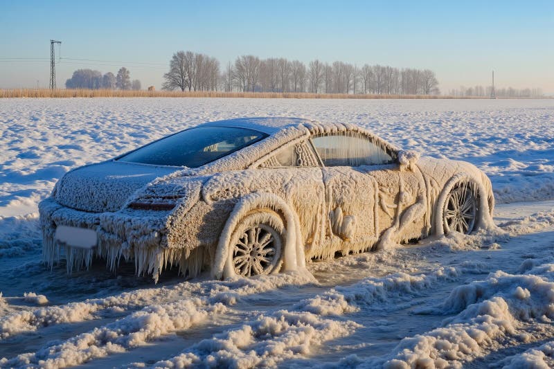 A Car Covered in Ice and Icicles on a Snowy Road Stock Image - Image of ...