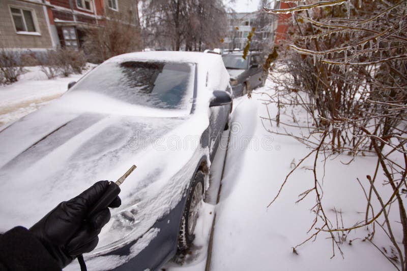 Red Car Covered with Ice and Icicles after Freezing Rain. Sparkling Ice ...