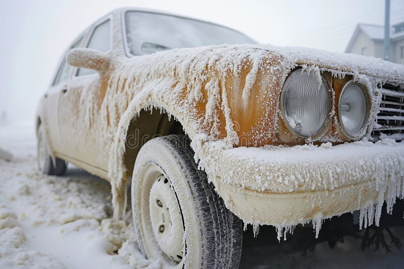 A Car Covered in Snow and Icicles on the Front of it Stock Photo ...
