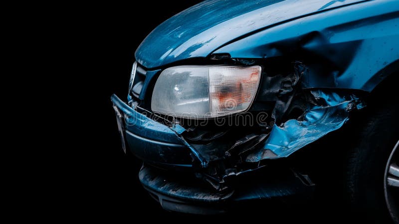 Car Crash Damage on Blue Vehicle with Dented Front Bumper and Broken ...