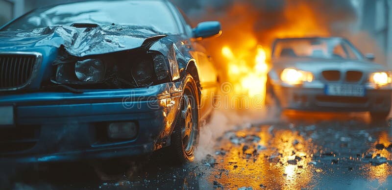 A Car Crash Scene with a Blue Car that is Smashed Stock Image - Image ...