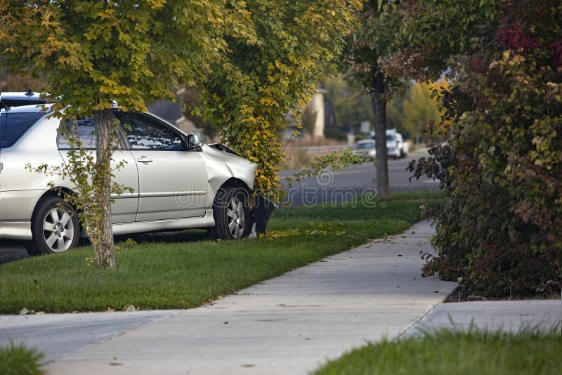 Car Crashed into a Tree. Auto Accident Along a City Road Stock Image ...