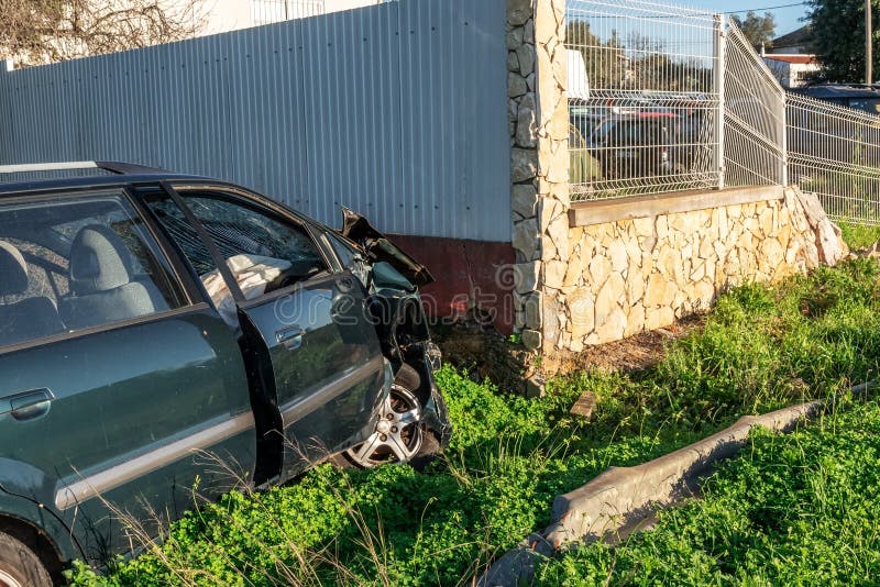 The Car Crashed into the Wall, Looking after the Crash. Drunk Driver ...