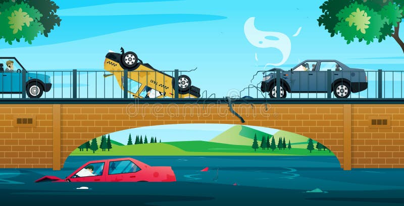 Car crashes into bridge. stock vector. Illustration of river - 237967769