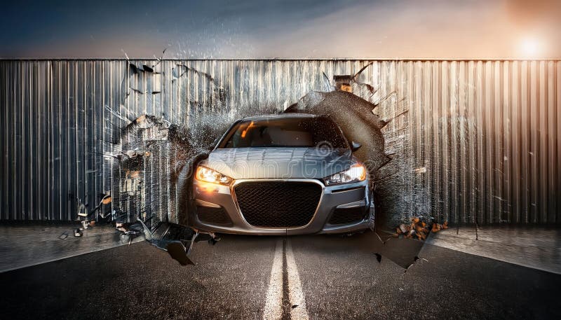 Car Crashes through a Metal Wall, Creating a Dramatic Scene of ...