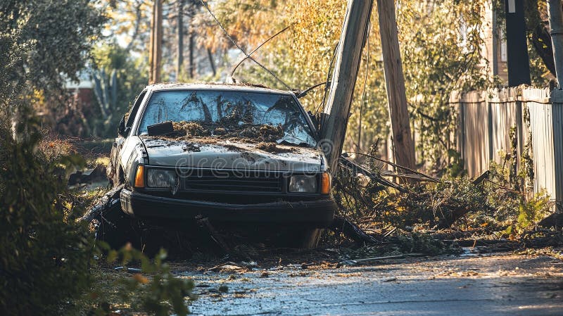 Car Crushed Under Fallen Power Pole after Windstorm.. Stock Photo ...