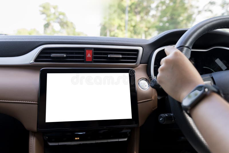 Car Dashboard with Blank Screen and Driver Hand on Steering Wheel ...
