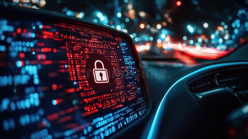 Car Dashboard Displays Digital Data with Lock Icon. Nighttime Scene ...