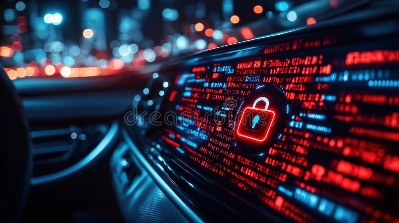 Car Dashboard Displays Security Lock Icon Amid Digital Data. Night City ...