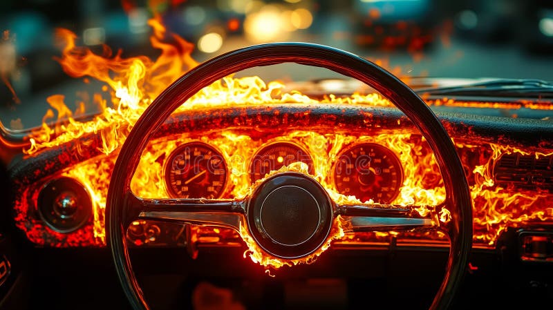 A Car Dashboard with Flames on the Dashboard of a Car Stock ...