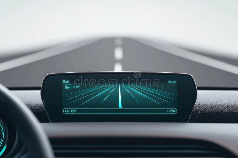 A Car Dashboard with a Green Screen Displaying a Road Ahead. the ...
