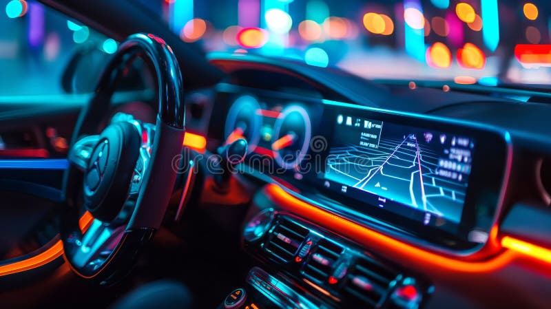 Car Dashboard Illuminated Screen Interface Panel Displaying Information ...