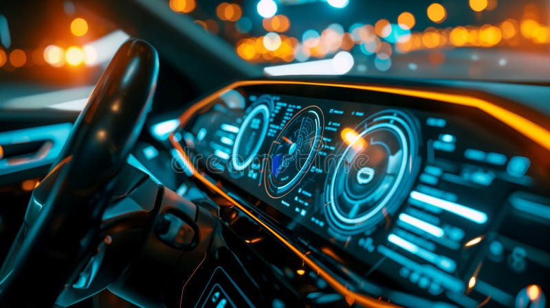 Car Dashboard Illuminated Screen Interface Panel Displaying Information ...