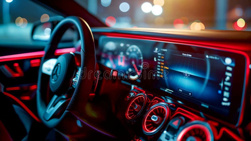 Car Dashboard Illuminated Screen Interface Panel Displaying Information ...