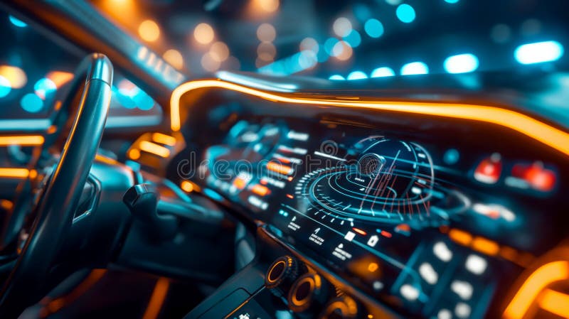 Car Dashboard Illuminated Screen Interface Panel Displaying Information ...