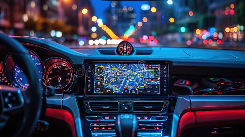 A Car Dashboard with a Navigation Screen Displaying a Map of a City at ...