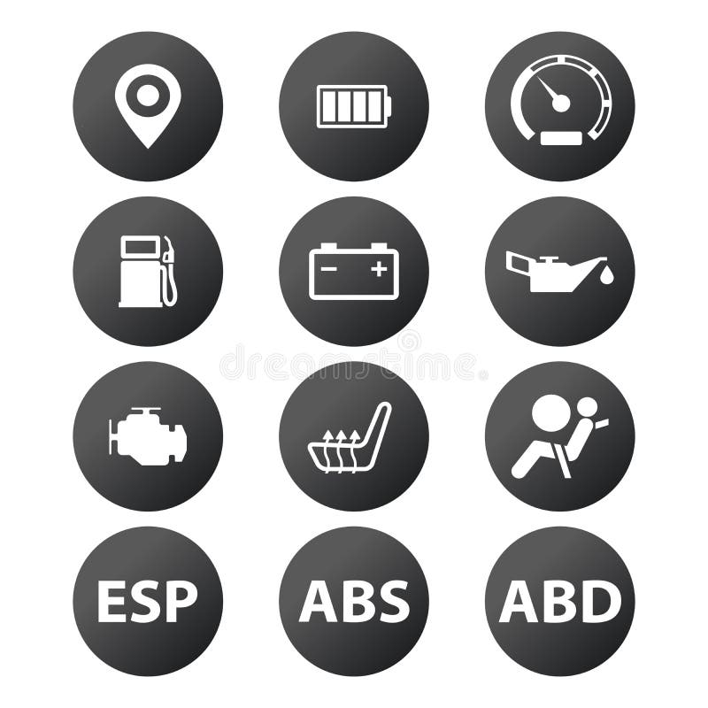 Car Dashboard Panel Indicators, White in Black Circles. Car Icon ...