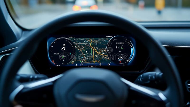 A Car Dashboard Showcasing a Navigation Display during a Drive at Dusk ...