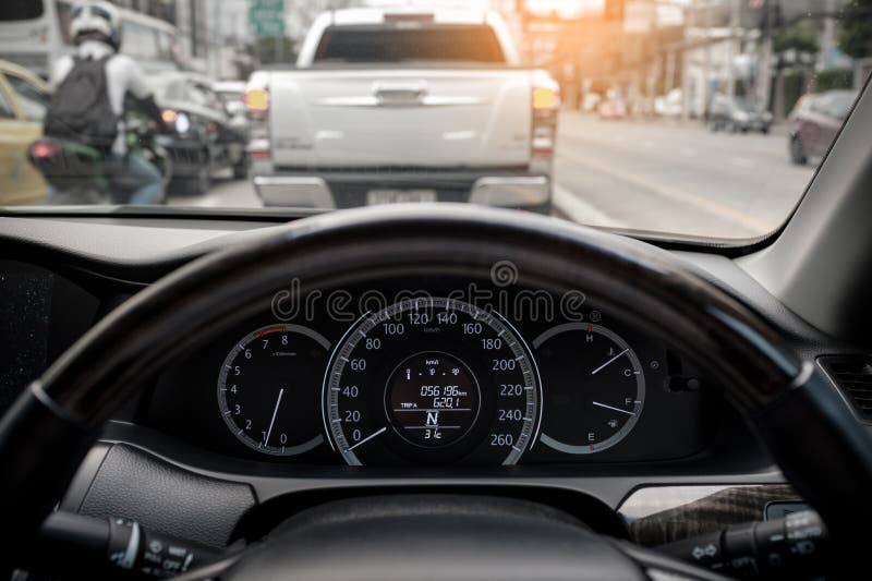 Car dashboard in traffic stock photo. Image of automobile - 195771060