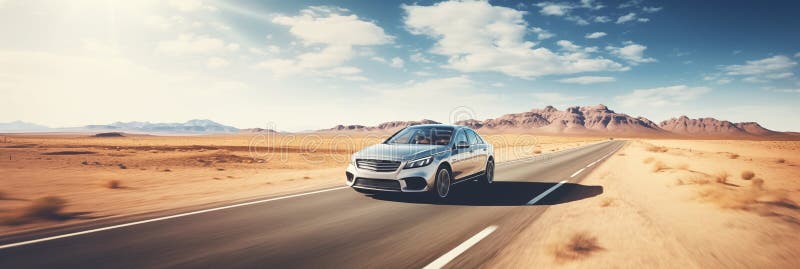 Car on Desert Highway Road Banner. Car Trip Along Desert Mountain ...