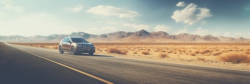Car on Desert Highway Road Banner. Car Trip Along Desert Mountain ...