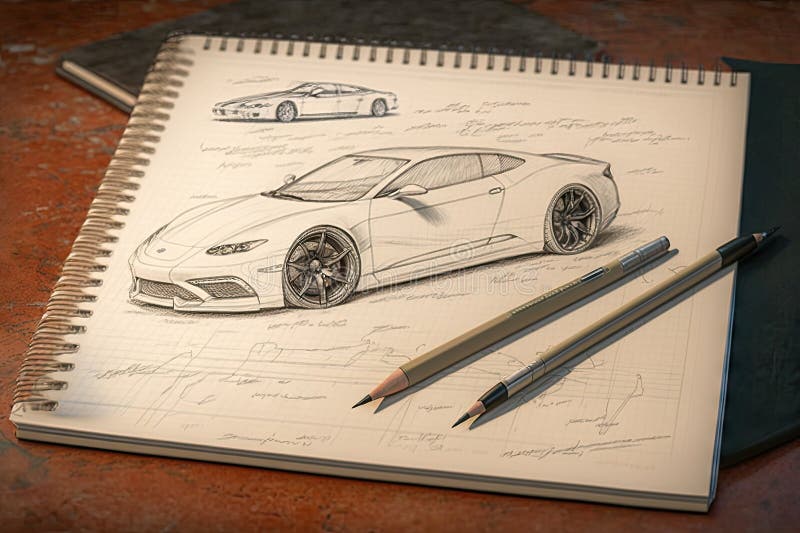 Car Design in Pencil on Notebook Page with Notes and Calculations Stock ...