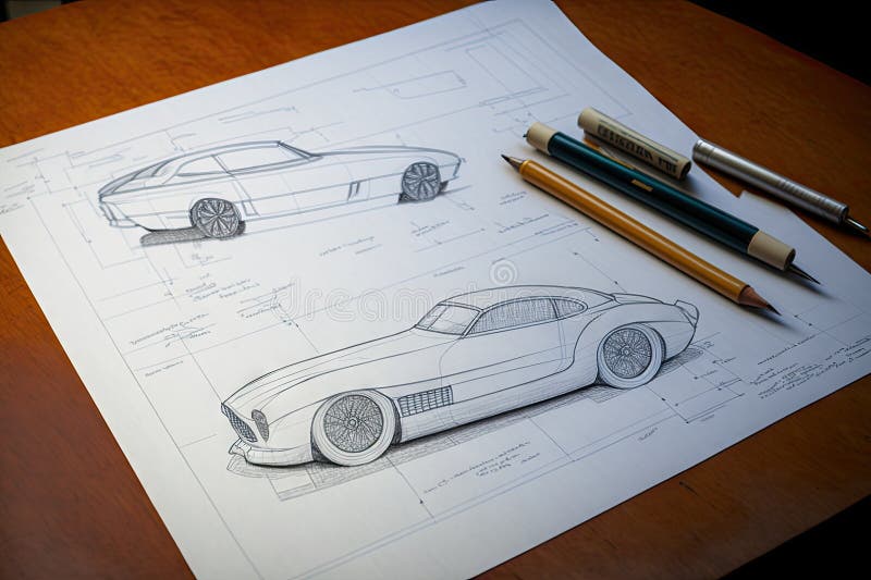 Car Design Sketch on a Sheet of Graph Paper for Technical Drawing Stock ...