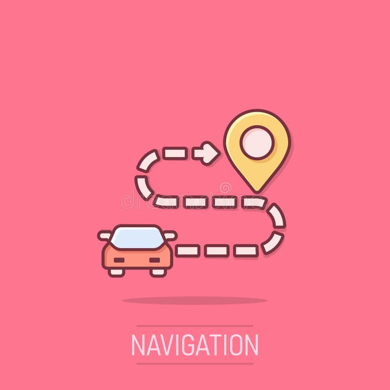 Car Destination Icon in Comic Style. Car Navigation Cartoon Vector ...