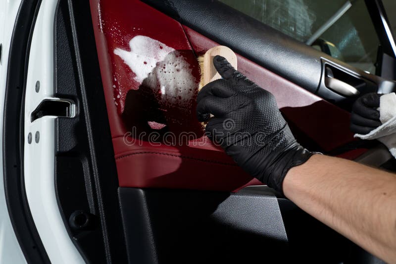 Car Detailer Cleans the Auto Door with Brush and Detergent. Process of ...