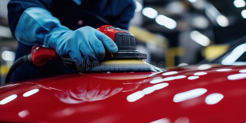 Car Detailing Process with Polishing Machine on Red Vehicle Surface in ...