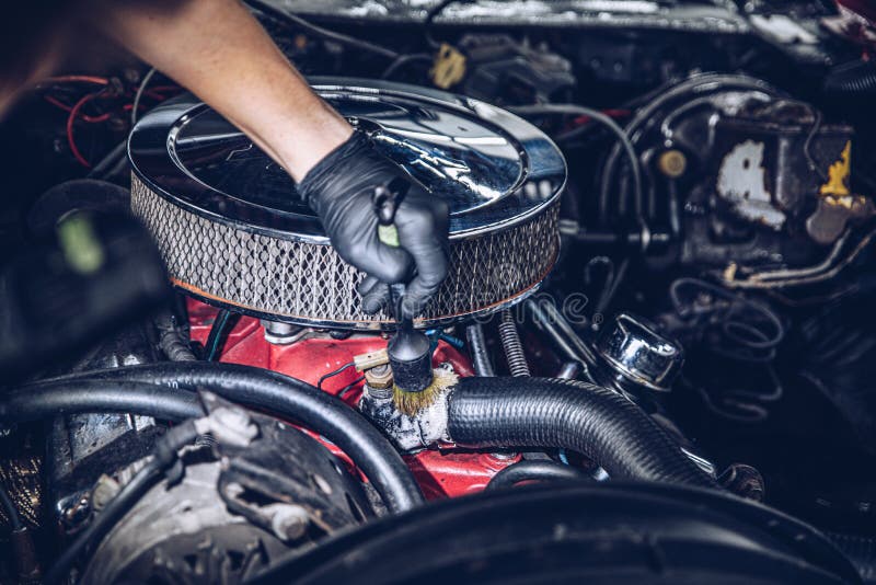Car Detailing Studio Worker Cleaning Classic Car Engine Stock Image ...