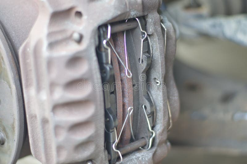 Car Disc Brake and Brake Pad Spring. Rust on the Edge of the Brake Disc ...