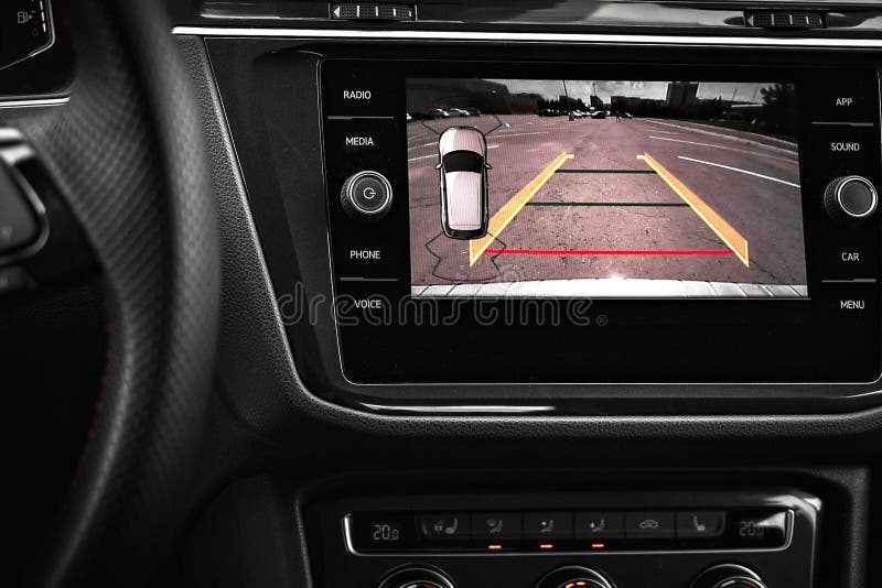 Car Display and Rear View Camera. Parking Assistant Inside Car. Video ...